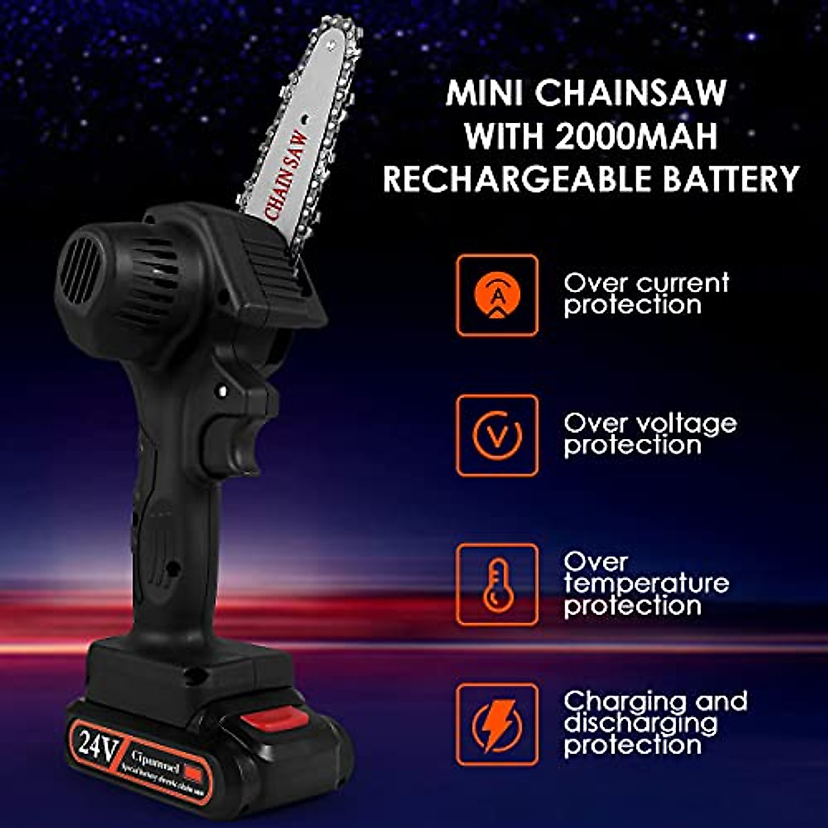 Mini Chainsaw, 4-Inch Portable Cordless Chain Saw with 24V 2pcs Rechargeble Batteries and 2 Chain, One-Handed Electric Chainsaw for Wood Cutting, Branches Pruning, Farming, and Garden Tree Trimming