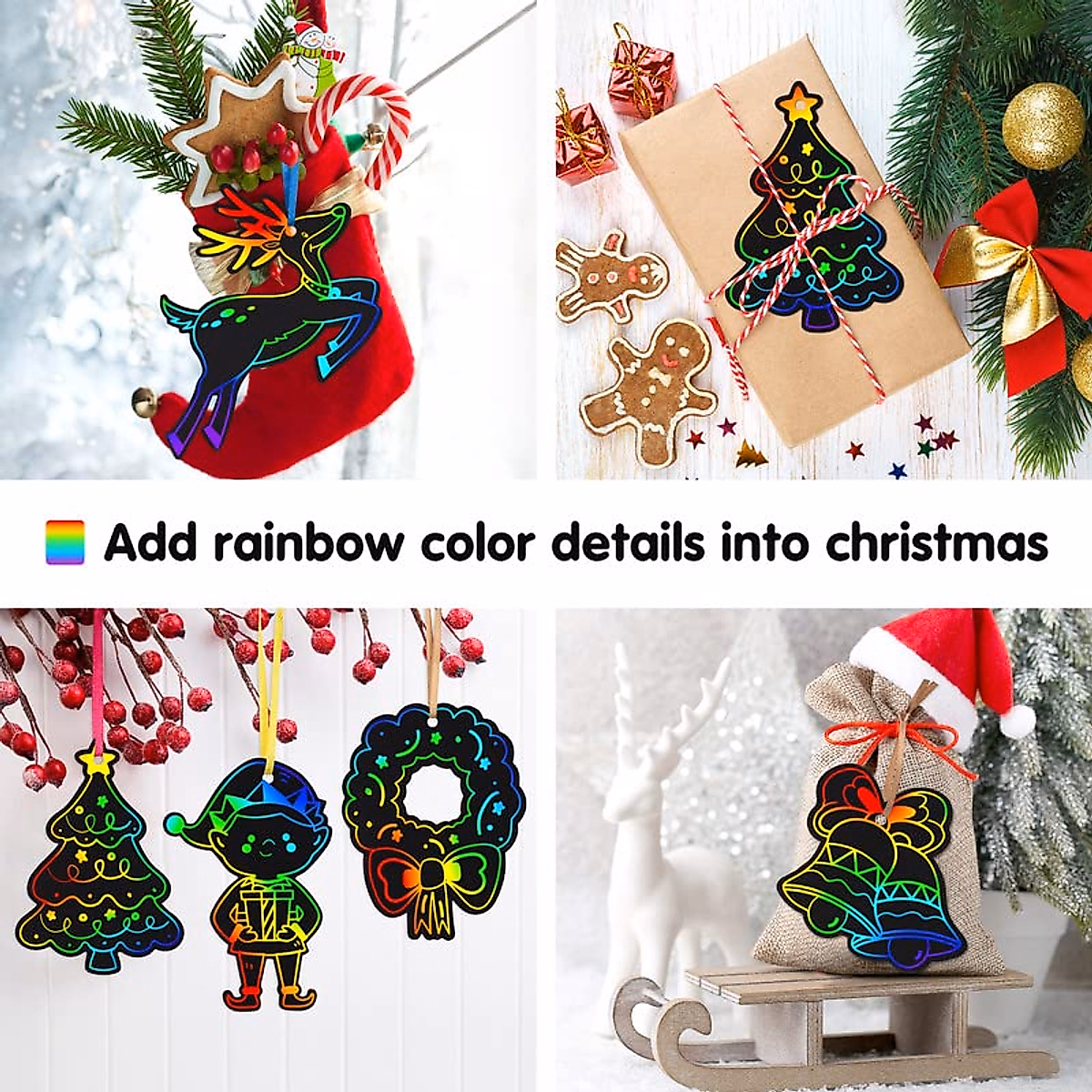 Mocoosy 48 Christmas Scratch Art Ornaments, Christmas Crafts Kits for Kids Rainbow Magic Scratch Paper Cards Xmas Hanging Ornaments Decorations DIY Winter Holiday Party Favors Set