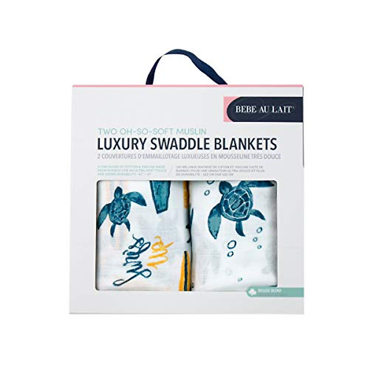 Bebe au Lait Oh So Soft Muslin Swaddle Blanket Set, Soft Muslin Design, Stylish Pattern - Surf and Sea Turtles , 47x47 Inch (Pack of 2)