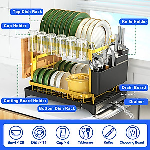 IBEDMAZIE Dish Drying Rack Gold, Multifunctional Dish Racks for Kitchen Counter with Drainboard 2 Tier Dish Drainer Large Capacity for Dish/Knifes/Cup/Cutting Board