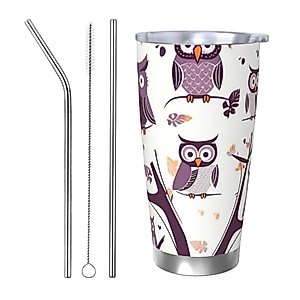 Owl Tree Branches Tumbler with Lid and Straw 20oz Stainless Steel Car Cup for Hot and Cold Drinks, Double Wall Insulated Travel Coffee Mug Reusable Drink Thermos Cup Birthday Gifts