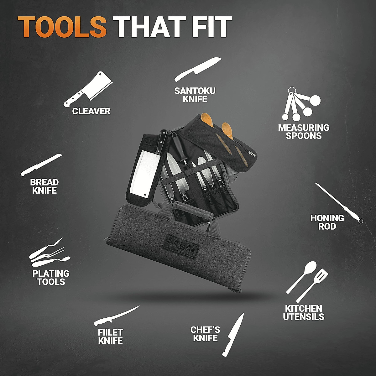 Chef Knife Roll Bag Travel Case | 8 Pockets for Knives & Tools | 2 Flaps with Cleaver & Mesh Pocket | Honing Rod Slot | Chef Knife Case for Professional & Students | Knives Not Included (Denim Grey)