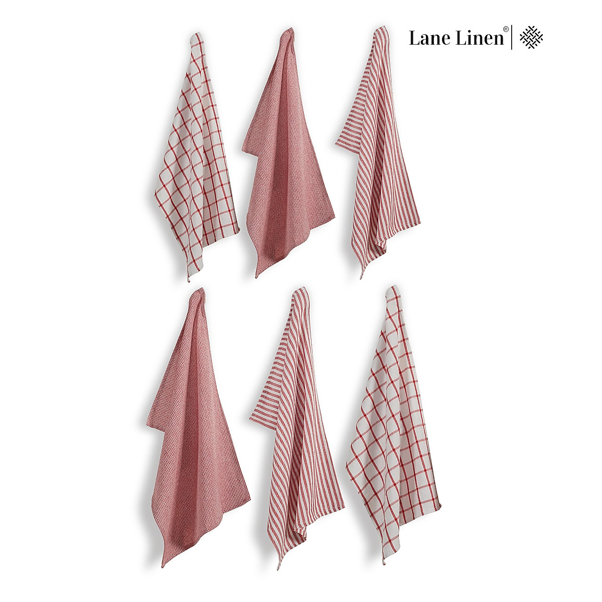 LANE LINEN Kitchen Towels Set - Pack of 6 100% Cotton Dish Towels for Drying Dishes, 18”x 28”, Kitchen Hand Towels, Absorbent Tea Towels, Premium Dish Towels for Kitchen, Quick Drying - Red