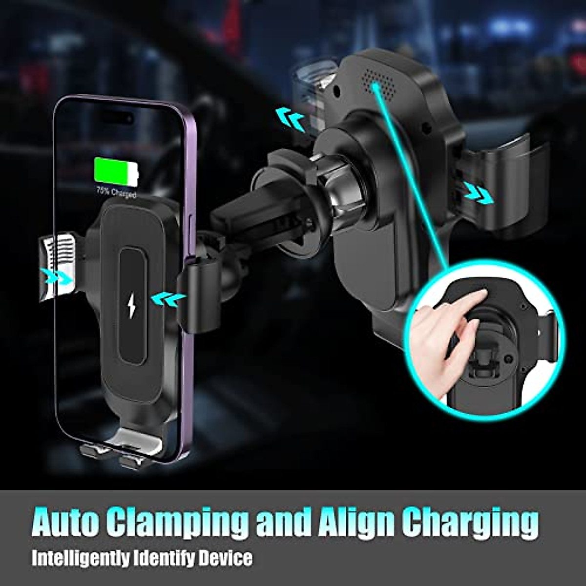 Wireless Car Charger, Amlink 15W Max Qi Fast Charging, Auto-Clamping Alignment Car Phone Holder Mount, Air Vent Wireless Charging for iPhone 14 13 12 11 Pro Max, Samsung Galaxy S22 S21 S20+, etc
