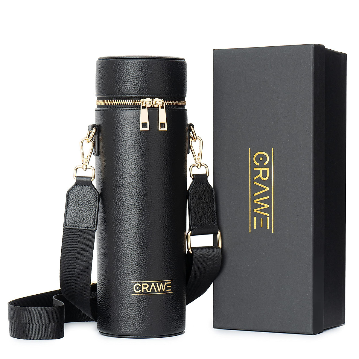 Crawe Full Grain Leather Insulated Water Bottle Crossbody Bag, 40 oz Water Bottle Holder with Strap for Walking, Bottle Carrier, Bottle Sling, Single Wine Bottle Tote, Brown Pebbled Leather, Gift Box