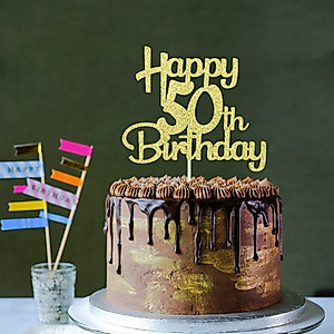 Sotpot Happy 50th Birthday Cake Topper Gold Glitter 50th Cake Toppers 50 Birthday Cake Decorations Cheers to 50 Fabulous Party Cake Picks - 1 Pack