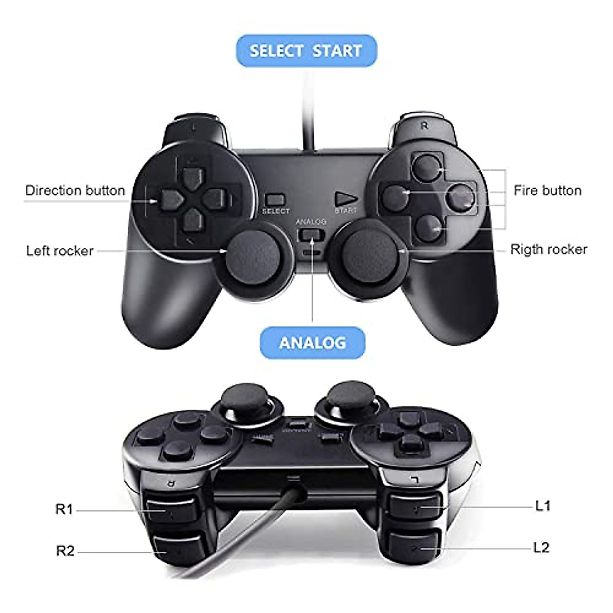 TUOZHE Wired Controller for PS2 Double Shock, 2 Pack Gamepad Remote Compatible with Play Station 2 (Two Black)
