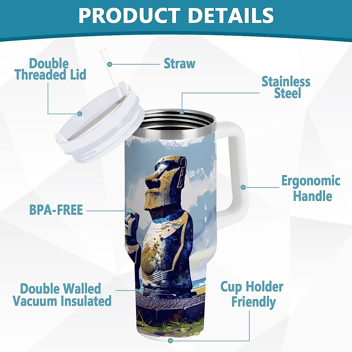 KUEJOP Stainless Steel Vacuum Insulated Tumbler Moai Statues Water Bottle with Lid and Straw