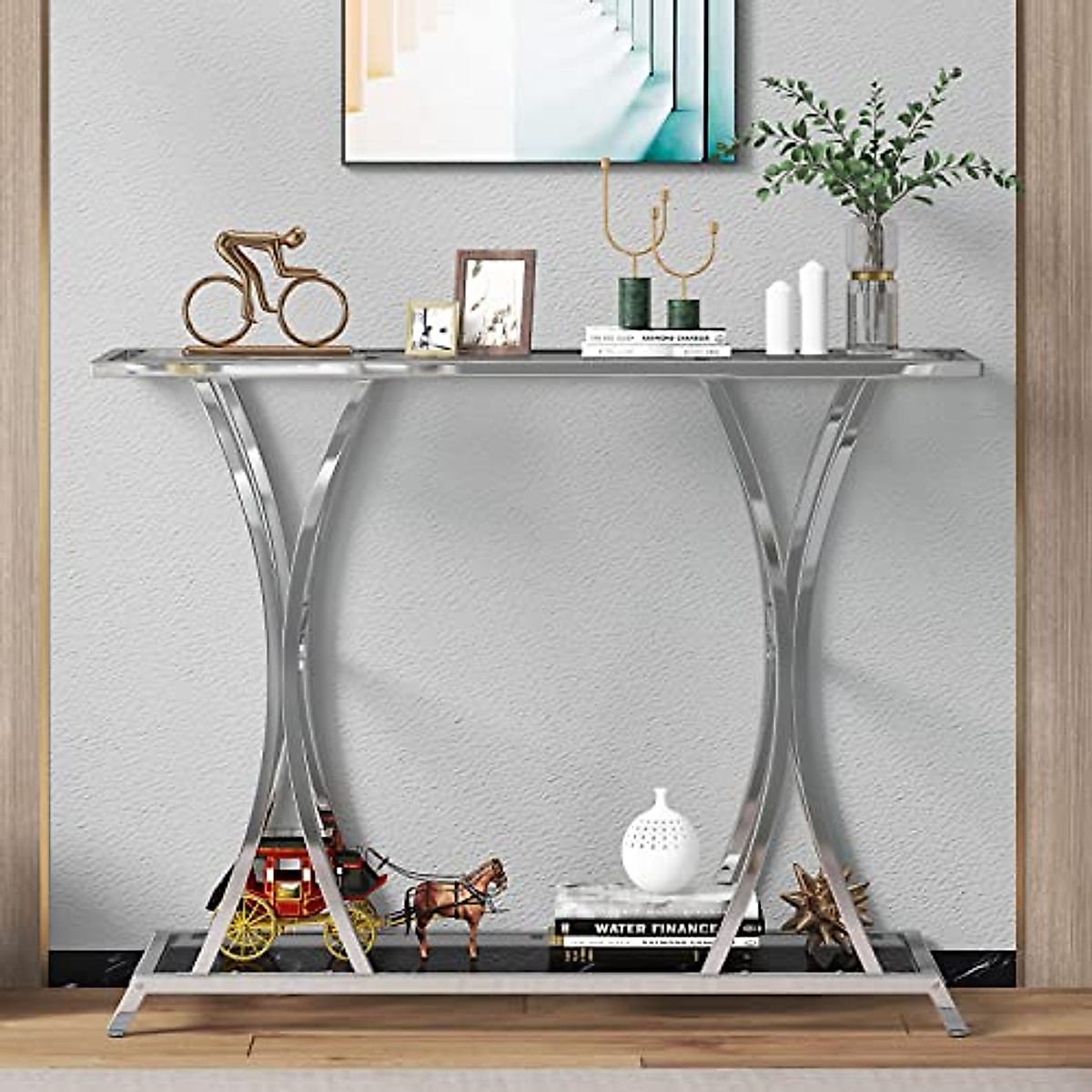 ASYA 2-Tier Glass Entryway Table, Console Tables for Entryway with Chrome Frame, Silver Glass Sofa Table for Entryway, Living Room, Chrome Finish