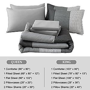 Grey Queen Comforter Set 7 Pieces, Ombre Striped Bed in a Bag Queen with Sheet Sheet, All Season Boho Patchwork Down Alternative Comforter Bedding Set