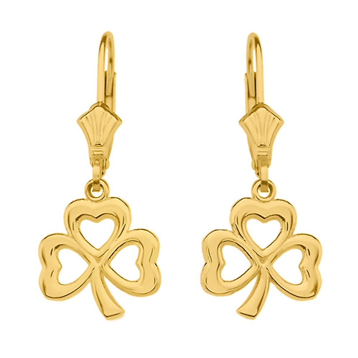 Good Luck Three Leaf Heart Clover Leverback Earrings in 10k Yellow Gold