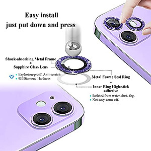 JOLOJO Bling Camera Lens Protector Compatible for iPhone 12(6.1")/12 Mini(5.4")/11(6.1") Ultra Thin/Clear Full Cover Metal Giltter Ring Anti-Scratch Tempered Glass Screen Protector - Purple Diamond