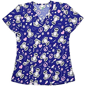 Green Town Women's Performance V-Neck Medical Scrub Stretch Tops, Small, Navy Sloth