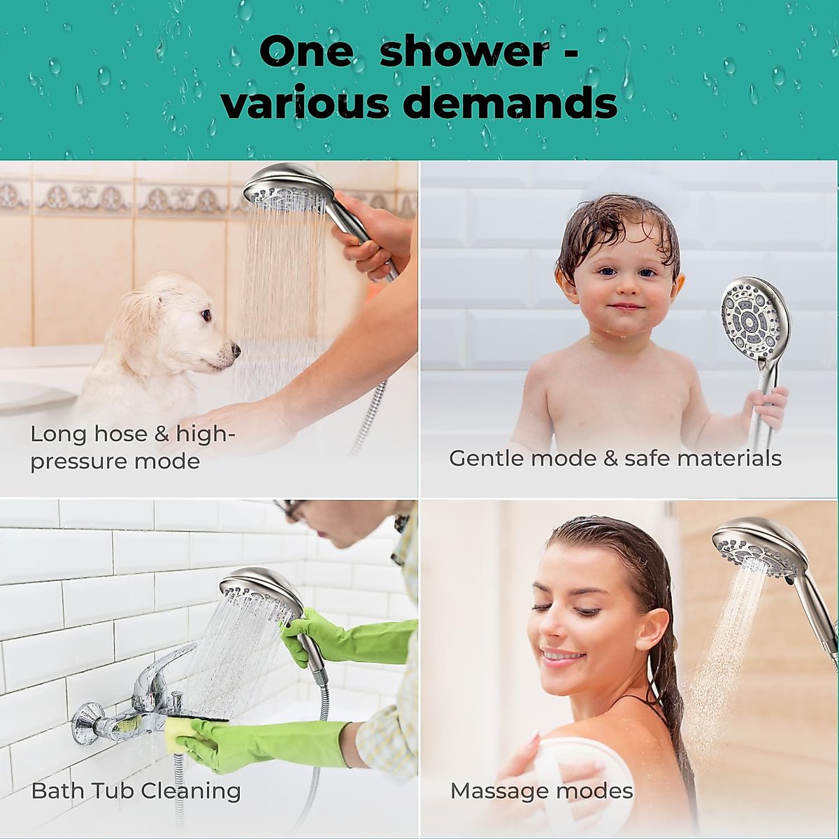 LOKBY Water Saving High Pressure Shower Head with Handheld Set - Detachable Rain Shower Head Set 6-Mode for Low Flow - Removable Hand Held Shower Head with Hose 59'' - No Tool 1-Min Install - Nickel