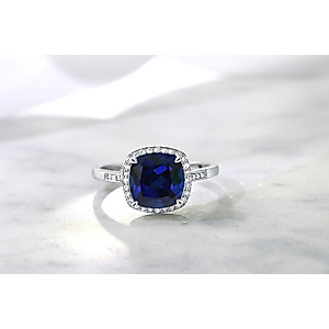 Gem Stone King 10K White Gold Cushion Cut 8MM Birthstone and Accent Diamonds Halo Engagement Ring For Women|Wedding Anniversary Promise Available In Size 5, 6, 7, 8, 9 (Created Sapphire, September,8)