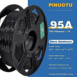 Pinuotu Flexible 3D Printer Filament, TPU Filament 1.75mm 0.8KG (2.2 lbs) Spool, Dimensional Accuracy +/- 0.03 mm, 100% Europe Raw Material (Black)