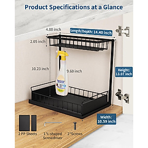 2-Tier Under Sink Organizer, Metal Tiered Sliding Shelves for Kitchen, Laundry Room, and Bathroom, Holds up to 50 lbs with 4 Anti-Slip Rubber Pads, Black