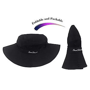 HGGE Women Ponytail Summer Sun Hat Wide Brim UV Hats Floppy Bucket Cap for Safari Beach Fishing Gardening Pure Black