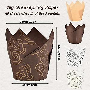 FOCCTS Tulip Cupcake Liners 200PCS, Muffin Cups Paper, Tulip Baking Cups Printed, Grease-resistant Baking Cups for Birthday Wedding Party, Cake Liner Wrappers, Paper Muffin Liners White Brown Natural