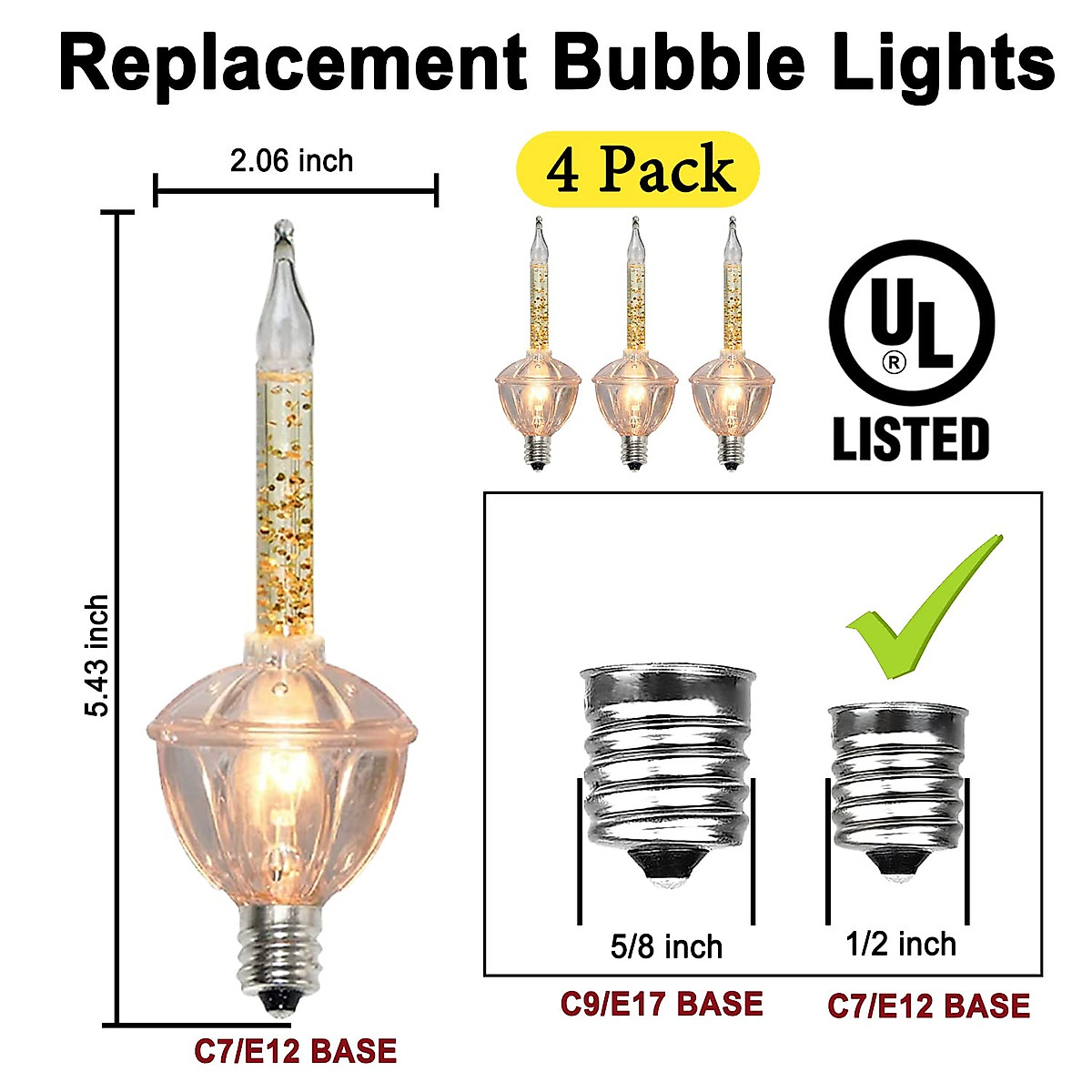 4 Pack Christmas Bubble Replacement Bulbs, Gold Glitter Vintage Christmas Bubble Light Bulbs, C7/E12 Candelabra Base Light Bulbs for Bubble Lights