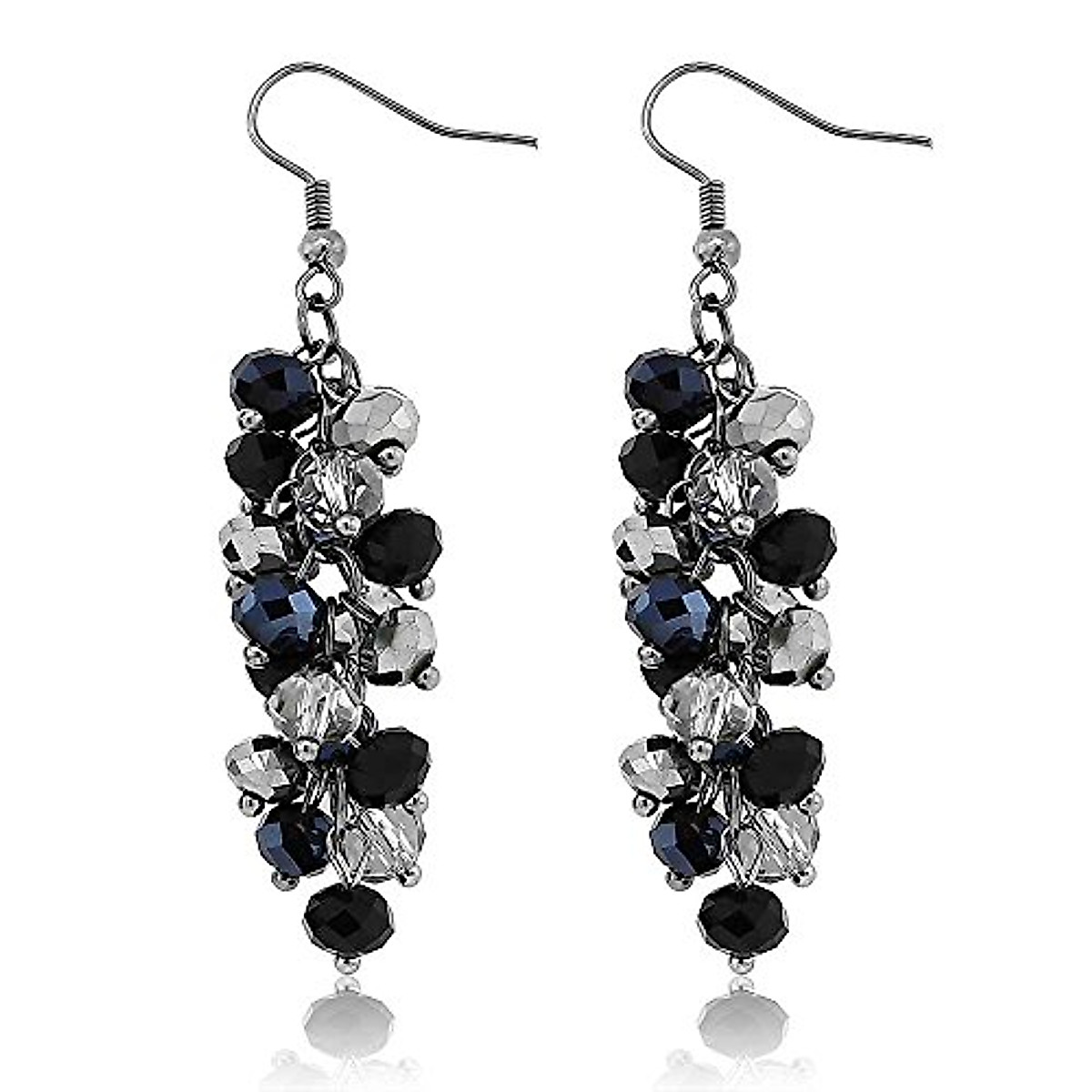 Gem Stone King 2 Inch Black and Silver Cluster Faceted Crystal Dangle Hook Earrings For Women