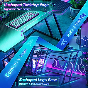 Gaming Computer Desk with Shelves and Outlets, Gaming Desk with Hutch and LED Lights, Reversible PC Gaming Desk with Pegboard, Carbon Fiber Black 47''