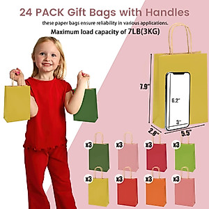 Shindel 24PCS Gift Bags with Handles, Paper Bags Kraft Bags Warm Morandi Colors Paper Bags for Wedding Birthday Party Supplies and Gifts