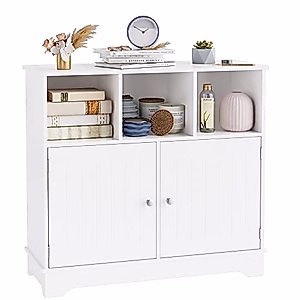 HORSTORS Floor Storage Cabinet, Linen Freestanding Bathroom Cabinet, Side Accent Cabinet with Doors and 3 Open Cubes for Home Office, 31.4" L x 11.8" D x 29.1" H, White