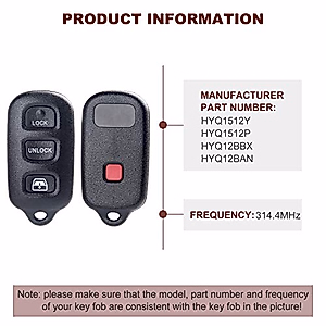 ANGLEWIDE Car Key Fob Keyless Entry Remote Replacement for 04-10 for Toyota 4Runner Sequoia (FCC HYQ1512P) 4 Buttons 1pad