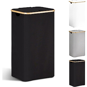 100L Large Laundry Basket with Lid by TECHMILLY, Tall Laundry Hamper with Bamboo Handles for Clothes and Toys Storage, Foldable Clothes Hamper for Bedroom, Dorm Room, Bathroom, Black