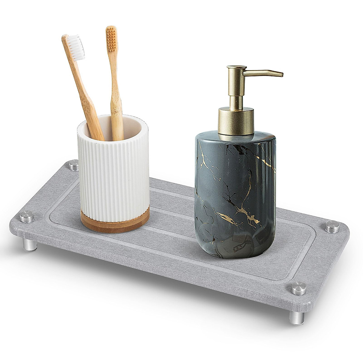 FEEGOO Sink Caddy Instant Dry Stone Sink Organizer for Kitchen Counter Diatomaceous Earth Sink Tray for Bathroom Fast Drying Soap Sponge holder Stainless Steel Feet with Rubber Bottom