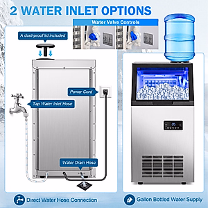 Commercial Ice Maker Machine 130Lbs/24H, Undercounter/Freestanding Ice Machine, 45 Ice Cubes in 4-15 Minutes, 35 lbs Ice Storage, 2 Water Supply Modes - Perfect for Home, Bar, and Outdoor