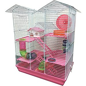 Large Twin Tower 5-Levels Crossing Level Tube Habitat Syrian Hamster Rodent Gerbil Mouse Mice Rat Wire Animal Cage (Pink, 5-Levels)