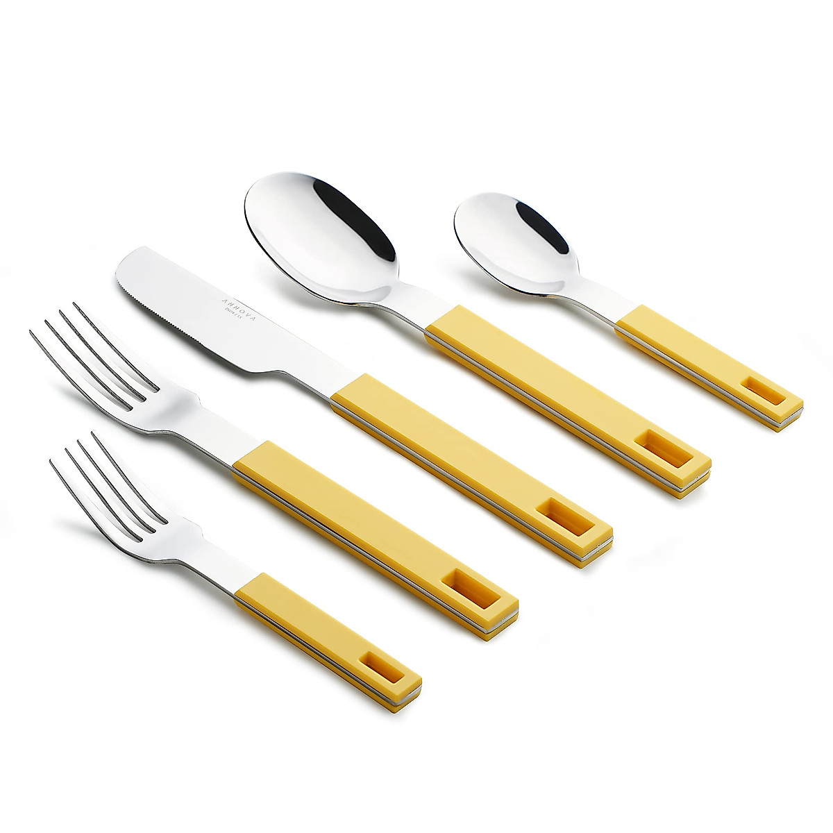 ANNOVA Silverware Set 20 Pieces Stainless Steel Cutlery Color Block Handle Modern Style Flatware - 4 x Dinner Knife; 4 x Dinner Fork; 4 x Salad Fork; 4 x Dinner Spoon; 4 x Dessert Spoon (Yellow)