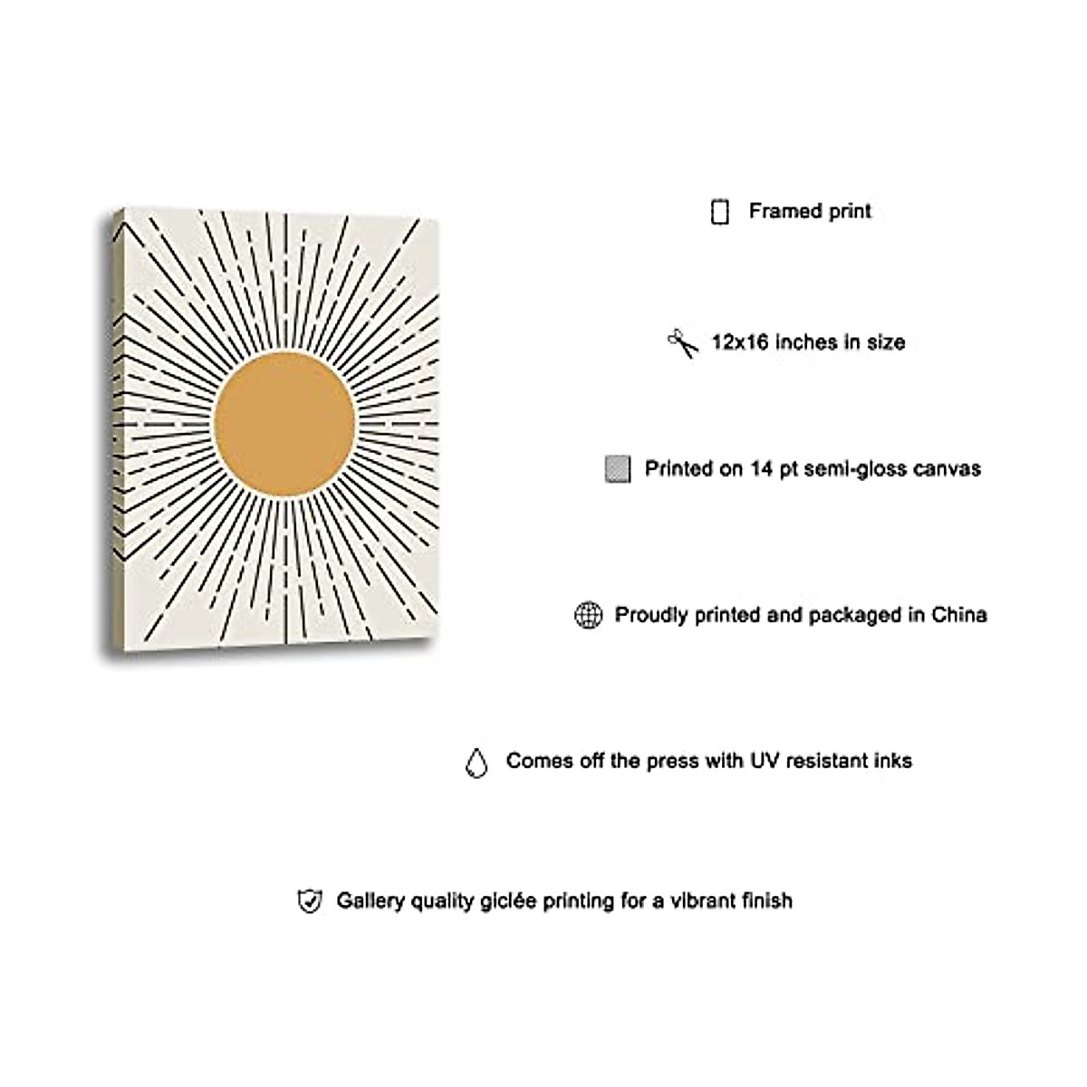 Abstract Bohemian Wall Art Sun Prints - Boho Line Poster Pictures Mid Century Canvas Artwork Framed 12x16 Inches Plant Leaf Minimalist Painting Home Decoration for Bedroom Bathroom Living Room Decor