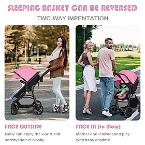 HONEY JOY Baby Stroller, High Landscape Convertible Infant Bassinet Stroller, Adjustable Canopy & Backrest, Storage Basket, Cup Holder, Foldable Newborn Carriage Pram Stroller (Pink)