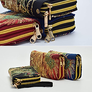 Ethnic Minority Style Double-Sided Embroidered Wallet, Special Peacock Embroidery, Long Zipper, Hand Wallet Mobile Phone Bag (Black)