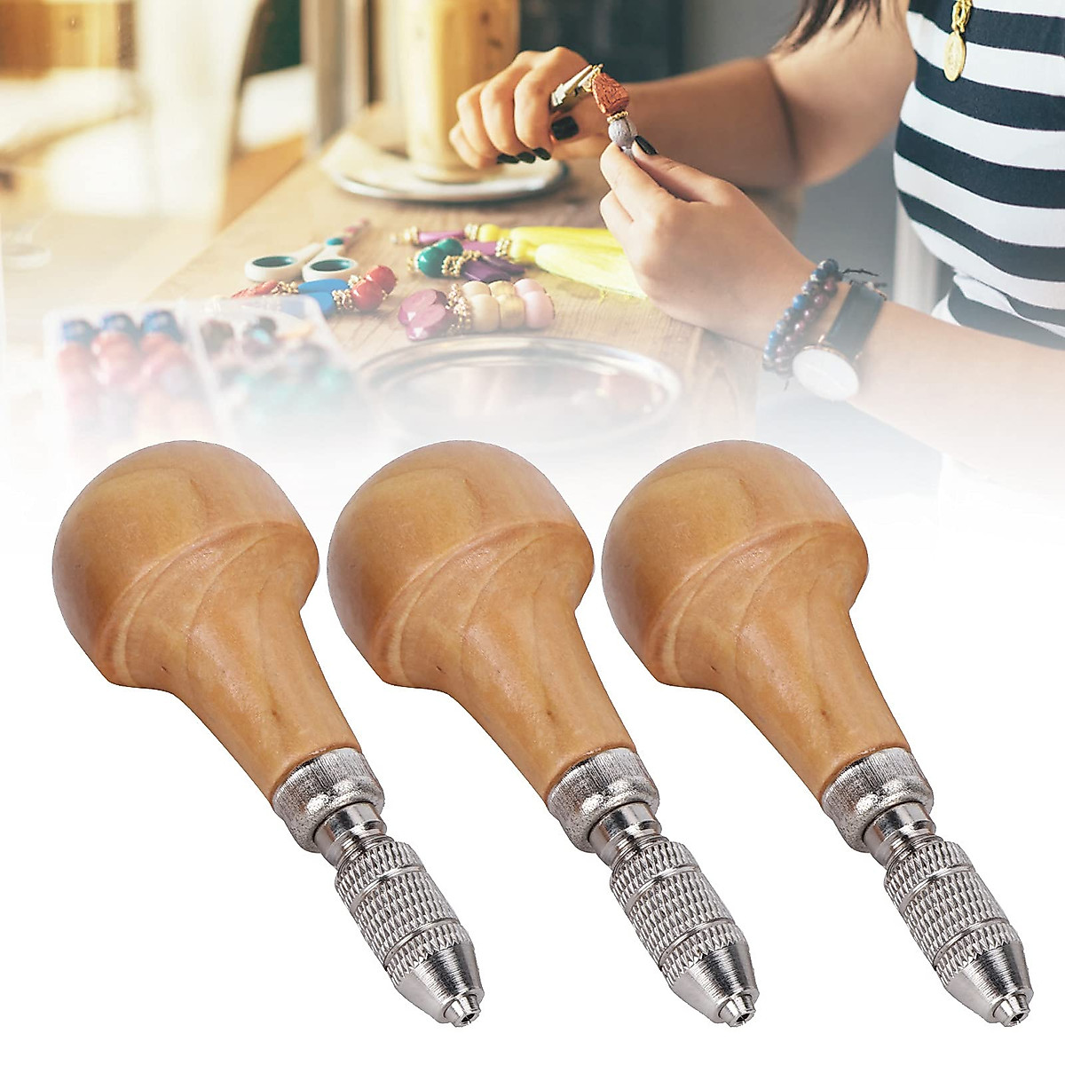 3 Set Hand Chucks Jewelry Making Pin Vise Wooden Handles Pear Shape Graver Handle Pin Vise Hand Drill Wooden Handle for Stone Setting Graver Replacement
