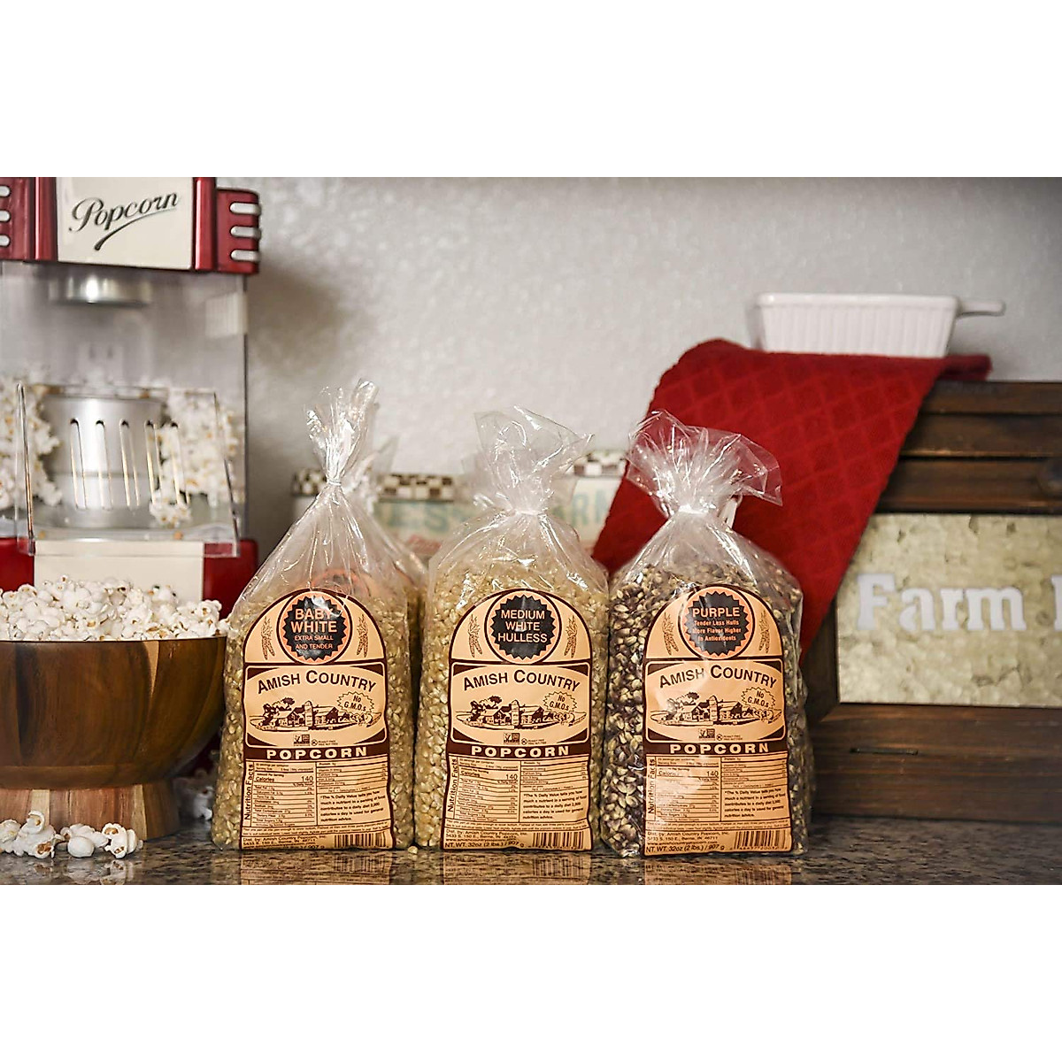 Amish Country Popcorn | Variety Bundles | 3-2 lb Bags | Medium White - Baby White - Purple Popcorn Kernels | Old Fashioned, Non-GMO and Gluten Free