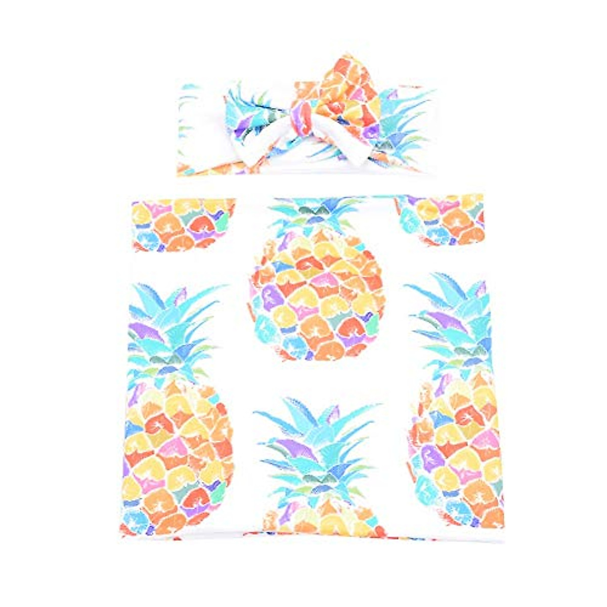 LINFON Newborn Baby Sleep Print Swaddle Blanket Large and Bow Headband Value Set Receiving Blankets (Pineapple)