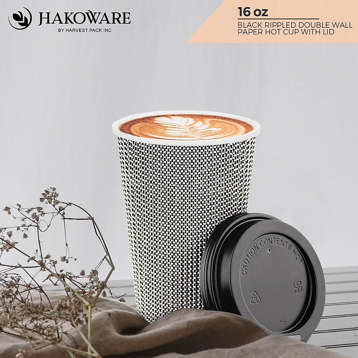 [85 SET]Harvest Pack 16 oz Disposable Coffee Cups, Insulated Ripple Double-Walled Paper Cup with Lid, Black and White Geometric, Tea Hot Chocolate Drinks To go coffee cups