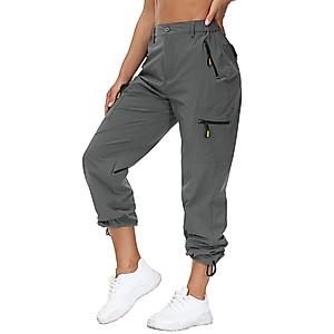 VVK Women's Cargo Hiking Pants Elastic Waist Quick Dry Lightweight Outdoor Water Resistant UPF 50+ Long Pants Zipper Grey Large