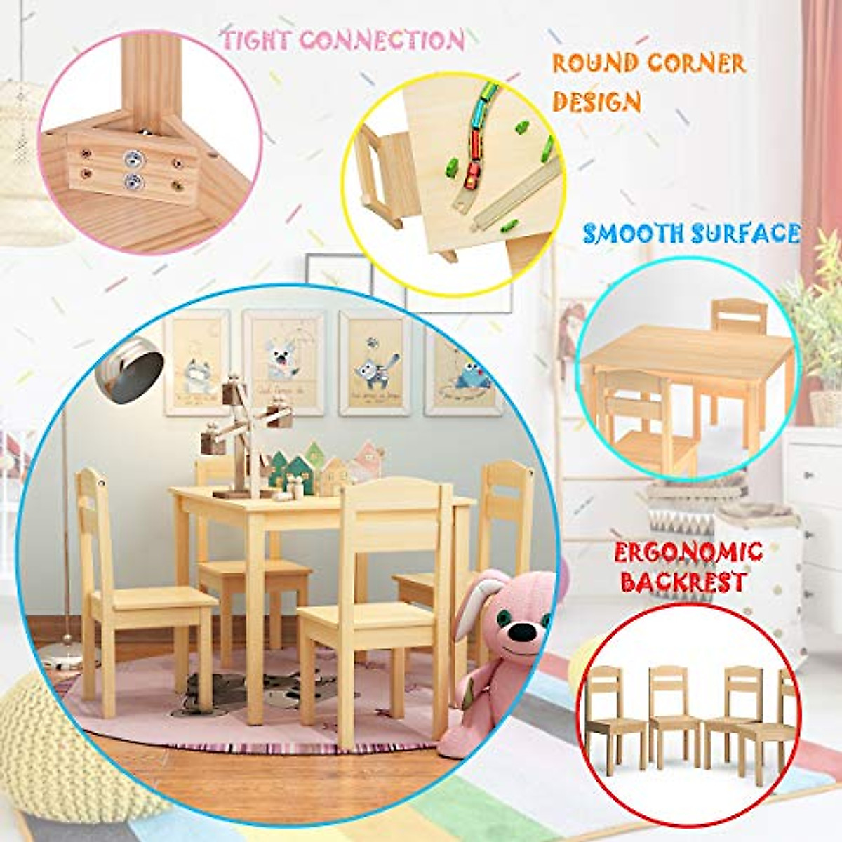 Nightcore Kids Wooden 4, Activity 2 to 6 Years, Toddler Game, Playroom Furniture, Picnic w/Chairs, Solid Wood 5 Piece Dining Table Set, Natural