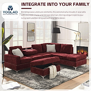 Yoglad Living Room Furniture Set, Sectional 5-Seater Sofa with Reversible Chaise, Corner Sofa Set with Ottoman, L Shaped Couch for Apartment, Living Room (107.5 Inch Chenille, Red)