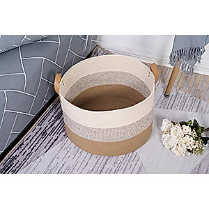 Decospark XXXL Cotton Rope Basket for Toy and Blanket Storage| 21.7" x 13.8" | Soft Long Handles | Decorative Home Organizer Ideal for Living Room, Baby Clothes and Laundry (Camel Grey and Cream)