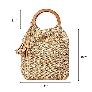 QTKJ Hand-woven Large Straw Tote Bag with Beige Leather Tassels Boho Brown Wooden Round Handle Tote Retro Summer Beach Bag Rattan Handbag (Beige)