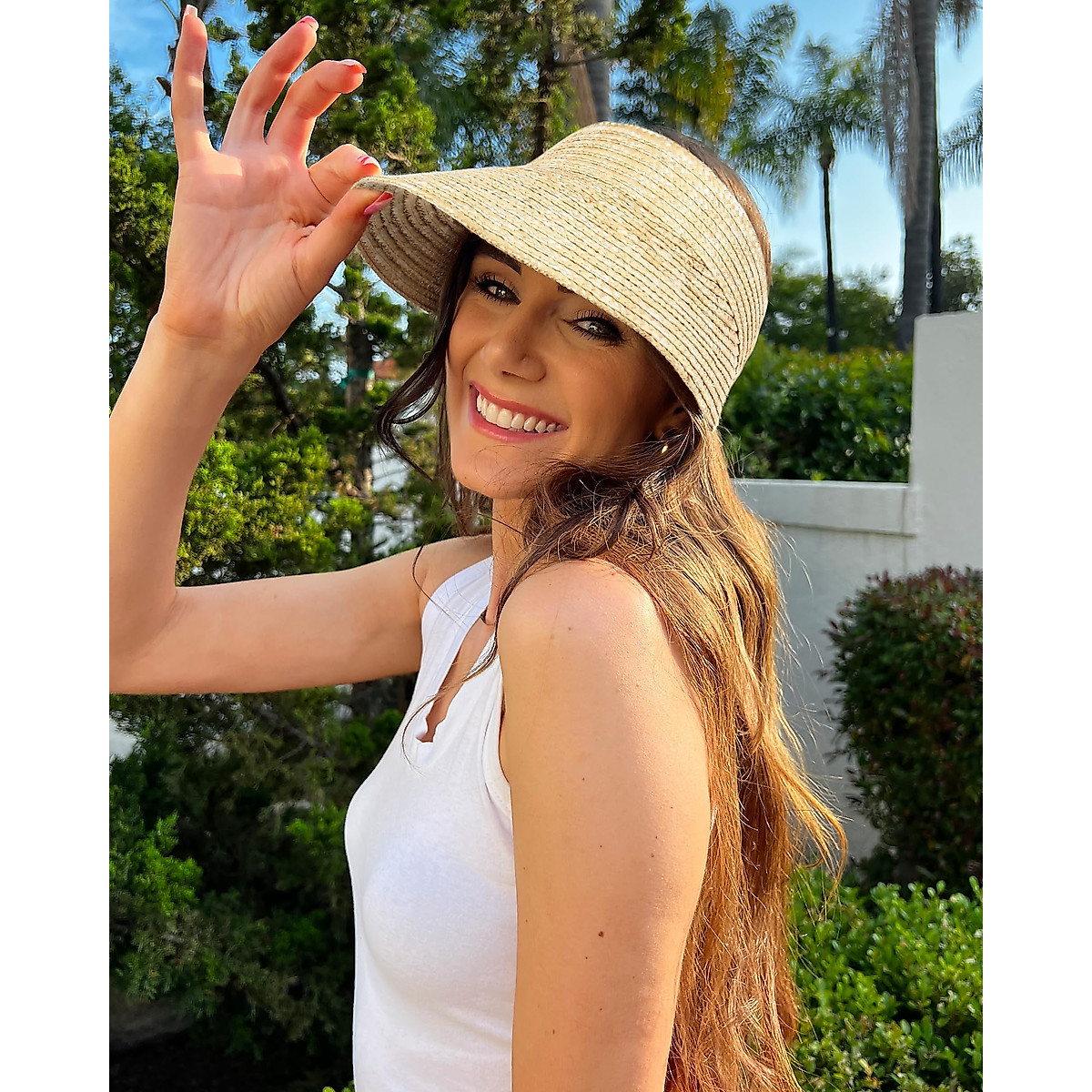 FURTALK Natural Straw Visors Sun Visor Hats for Womens Summer Straw Sun Beach Hat Foldable Roll Up Ponytail Beach Hat