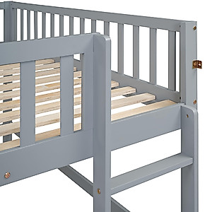Harper & Bright Designs Full Size Low Loft Bed with Slide, High Guardrail & Ladder, Kids Wooden Full Loft Bed Frame for Girls,Boys, No Box Spring Needed, Gray