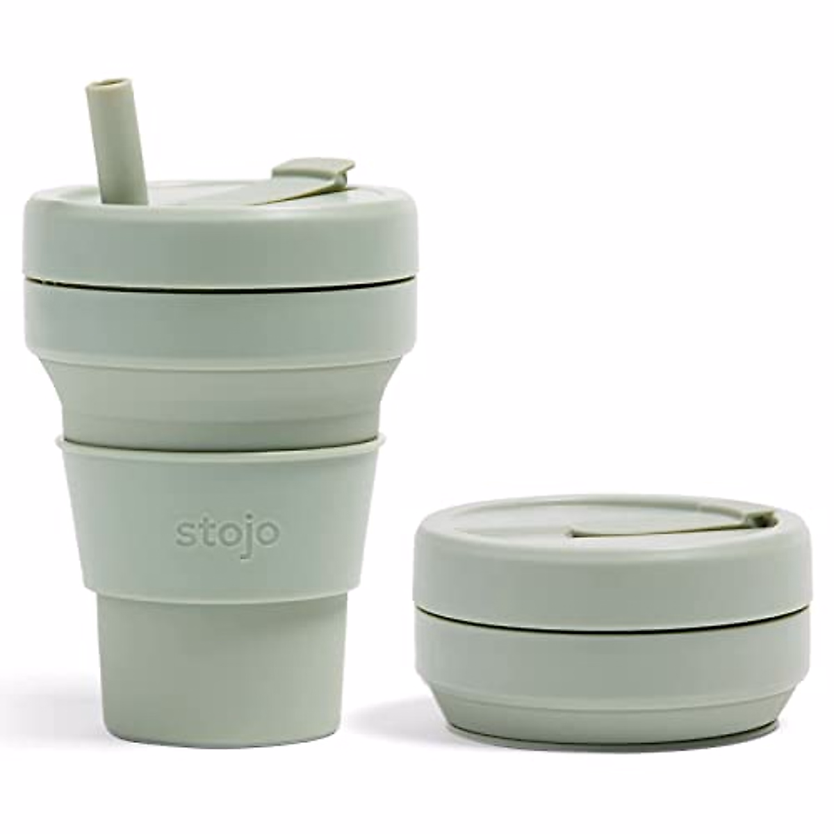 STOJO Collapsible Travel Cup With Straw - Sage Green, 16oz / 470ml - Reusable To-Go Pocket Size Silicone Bottle for Hot and Cold Drinks - Perfect for Camping and Hiking - Microwave & Dishwasher Safe