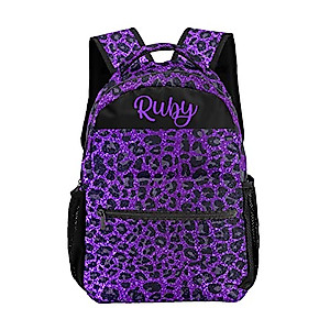 Deven Purple Glitter Leopard Print Personalized Kids Backpack for Boy/Girl Teen Primary School Daypack Travel Bag Bookbag